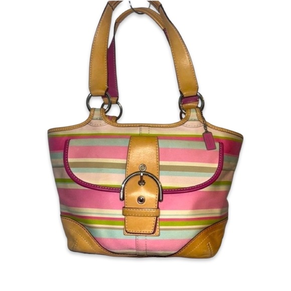 Coach | Bags | Vintage Coach Nubuck Multi Pink Stripe Flap Front Tote ...